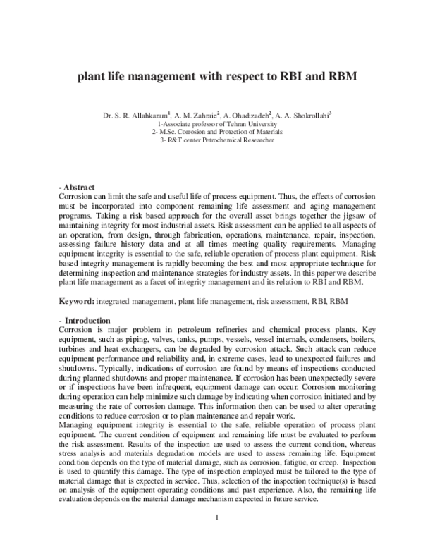 (PDF) plant life management with respect to RBI and RBM