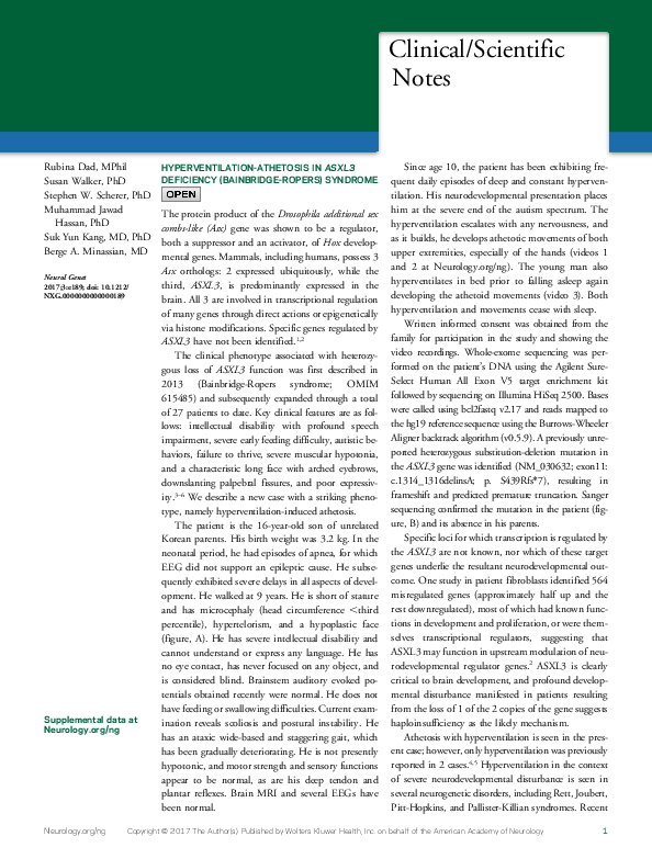 (PDF) Hyperventilation-athetosis in ASXL3 deficiency (Bainbridge-Ropers ...