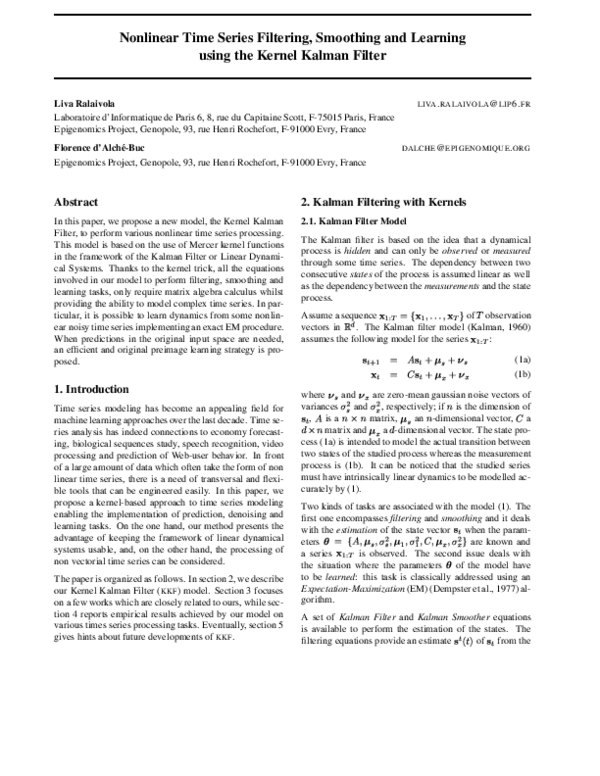 (PDF) Time series filtering, smoothing and learning using the kernel kalman filter