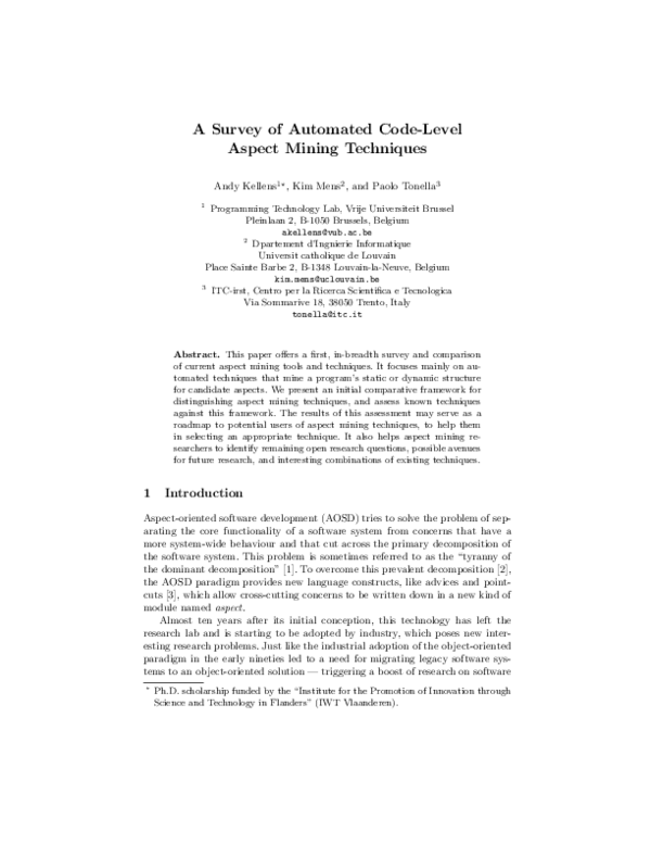 (PDF) A Survey of Automated Code-Level Aspect Mining Techniques (PDF) A Survey of Automated Code-Level Aspect Mining Techniques