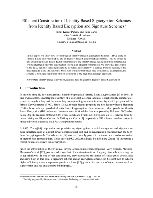 Pdf Efficient Construction Of Identity Based Signcryption Schemes From Identity Based 