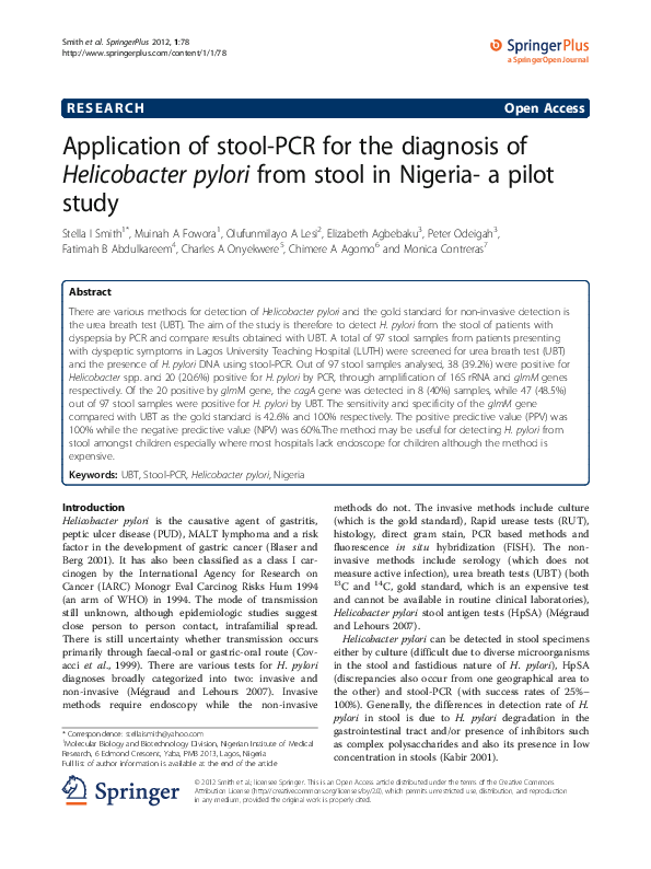 (PDF) Application of stool-PCR for the diagnosis of Helicobacter pylori ...