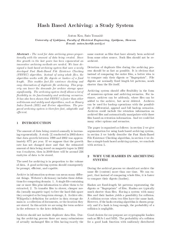 (PDF) Hash Based Archiving: a Study System