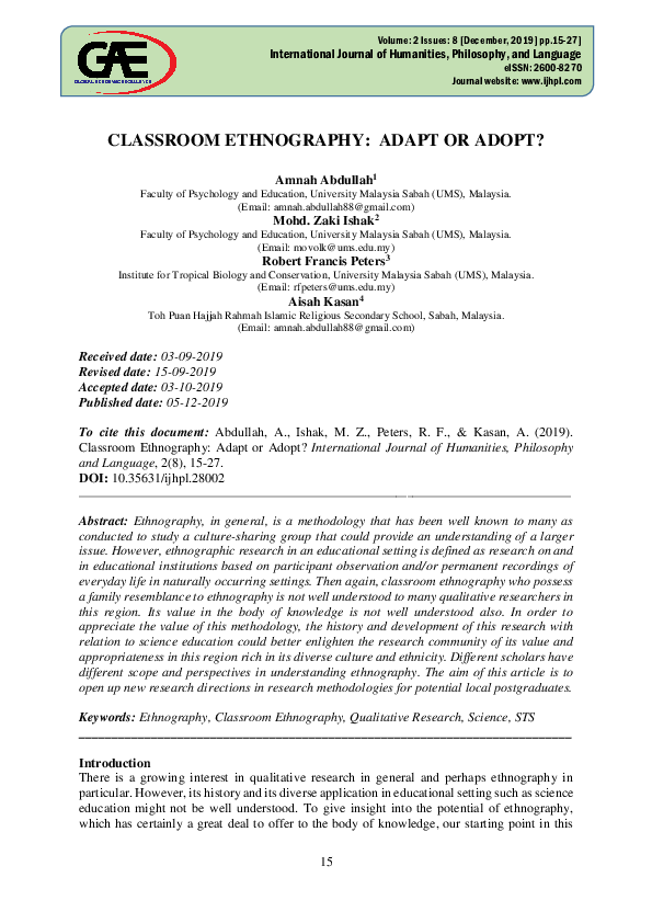 (PDF) Classroom Ethnography: Adapt or Adopt?