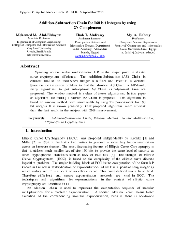 (PDF) Addition-Subtraction Chain for 160 bit Integers by using 2's ...