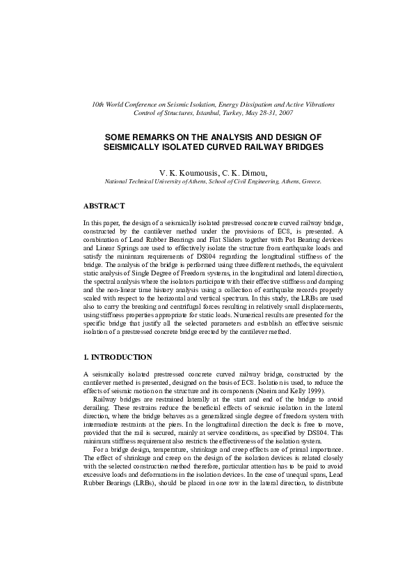 Pdf Some Remarks On The Analysis And Design Of Seismically Isolated Curved Railway Bridges