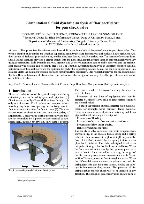 (PDF) Computational fluid dynamic analysis of flow coefficient for pan check valve