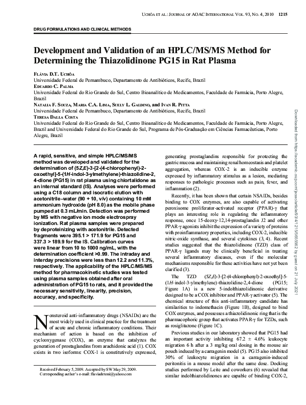 (PDF) Development and Validation of an HPLC/MS/MS Method for Determining the Thiazolidinone PG15 ...