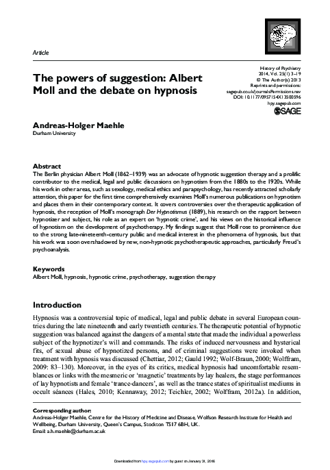 (PDF) The powers of suggestion: Albert Moll and the debate on hypnosis
