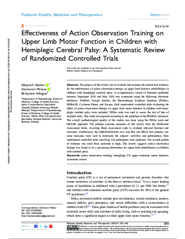 (PDF) Effectiveness of Action Observation Training on Upper Limb Motor ...