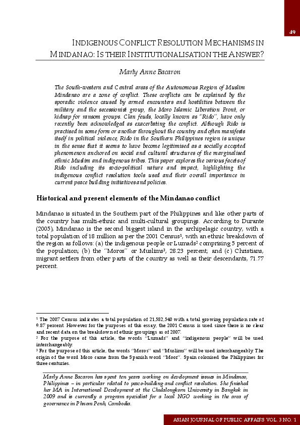 (PDF) INDIGENOUS CONFLICT RESOLUTION MECHANISMS IN MINDANAO: IS THEIR INSTITUTIONALISATION THE ...
