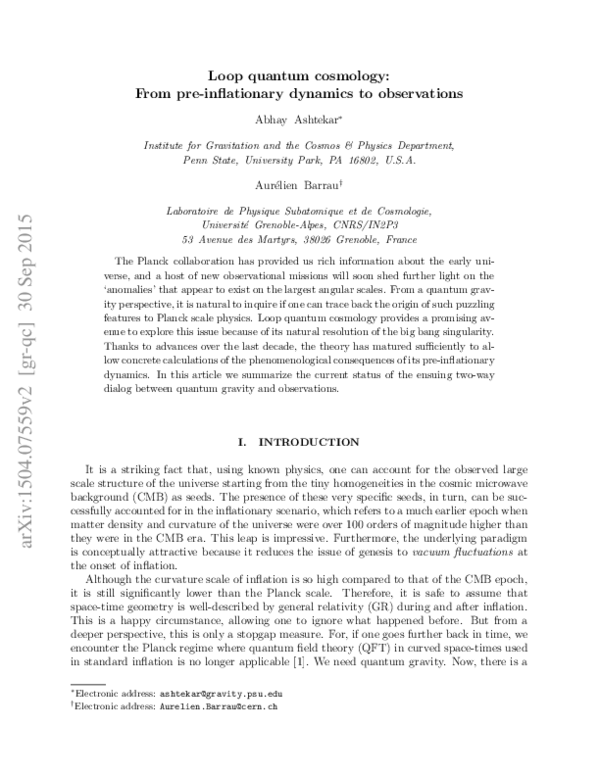 (PDF) Loop quantum cosmology: from pre-inflationary dynamics to ...