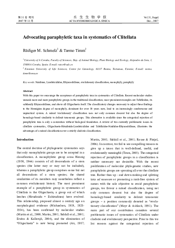 (PDF) Advocating paraphyletic taxa in systematics of Clitellata