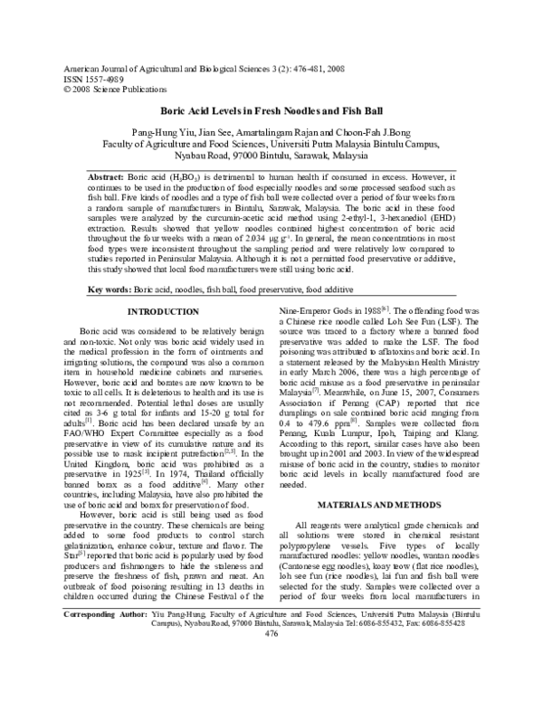 (PDF) Boric Acid Levels in Fresh Noodles and Fish Ball