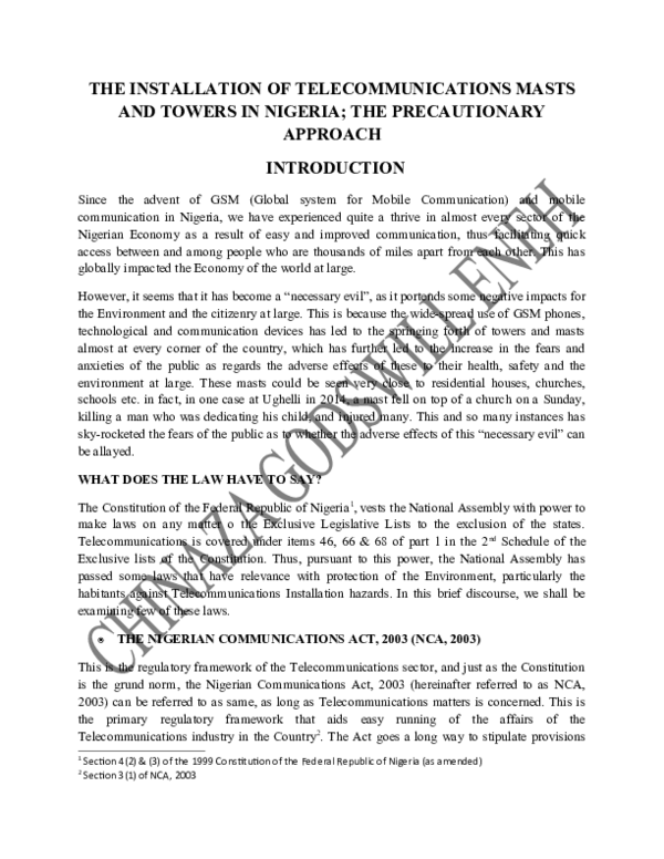 (DOC) THE INSTALLATION OF TELECOMMUNICATIONS MASTS AND TOWERS IN ...