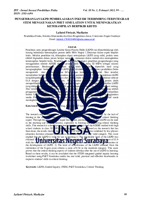(DOC) PENGEMBANGAN LKPD PEMBELAJARAN INKUIRI TERBIMBING TERINTEGRASI STEM MENGGUNAKAN PHET ...