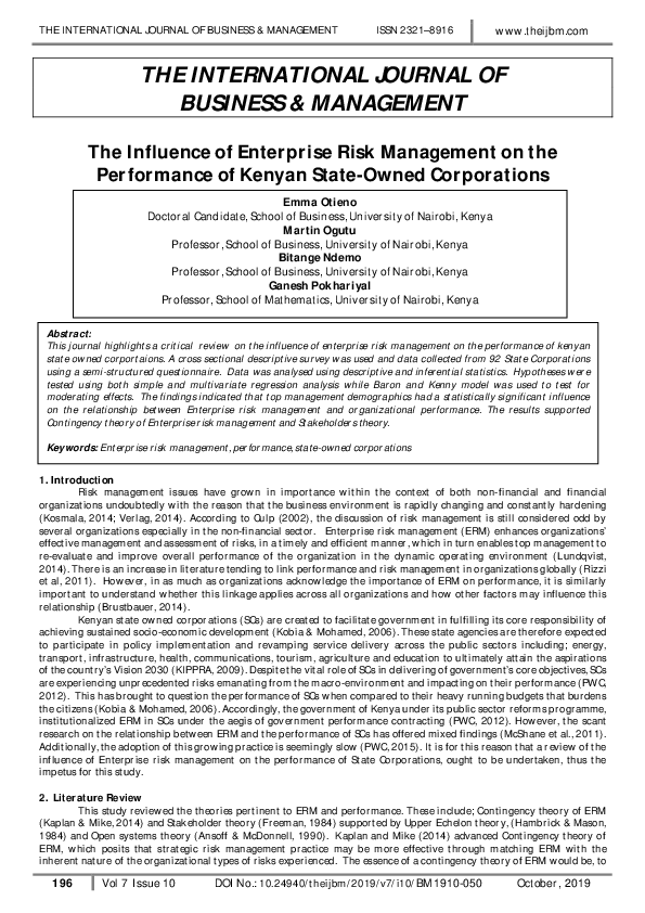 (PDF) The Influence of Enterprise Risk Management on the Performance of ...