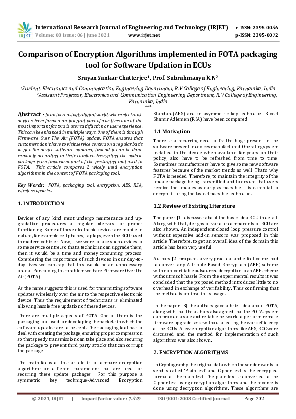 (PDF) IRJET- Comparison of Encryption Algorithms implemented in FOTA packaging tool for Software ...