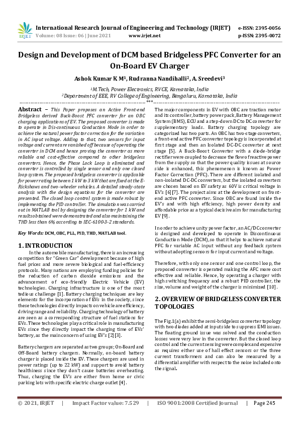 (PDF) IRJET- Design and Development of DCM based Bridgeless PFC Converter for an On-Board EV Charger