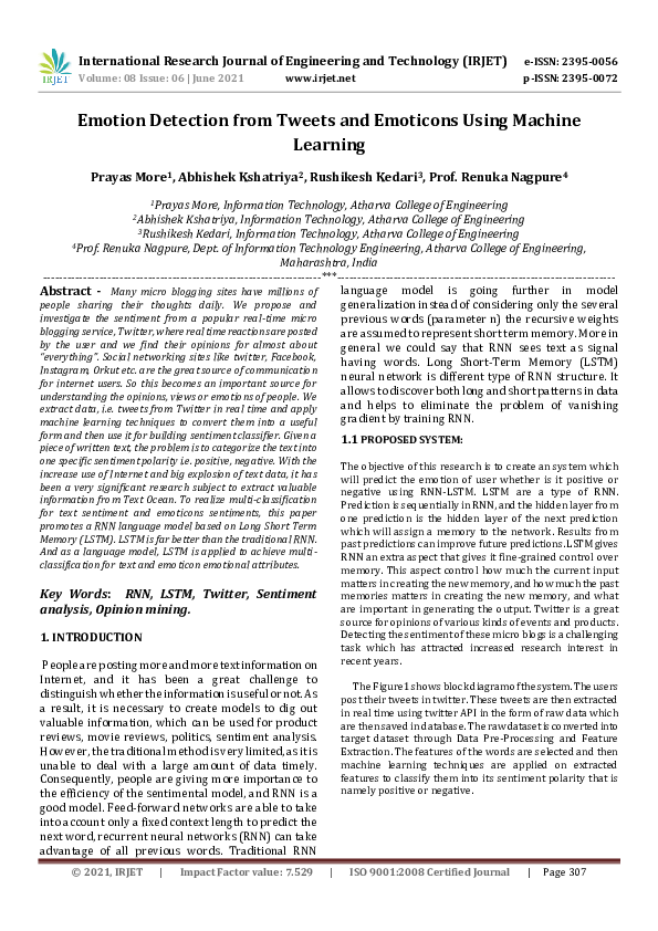(PDF) IRJET- Emotion Detection from Tweets and Emoticons Using Machine ...