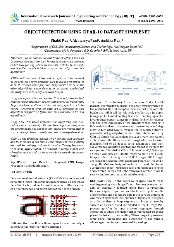 Pdf Irjet Object Detection Using Cifar 10 Dataset Simplenet