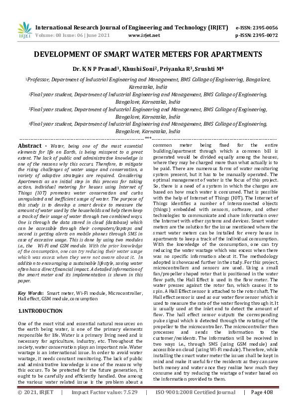 (PDF) IRJET- DEVELOPMENT OF SMART WATER METERS FOR APARTMENTS