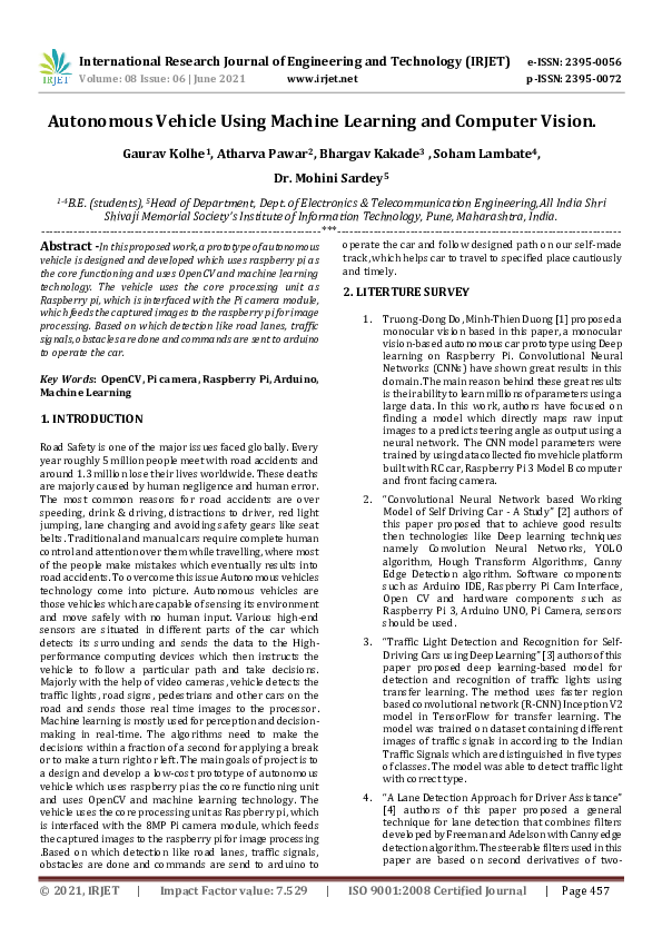 (PDF) Autonomous Vehicle Using Machine Learning and Computer Vision
