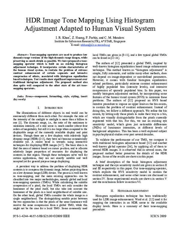 (PDF) HDR image tone mapping using histogram adjustment adapted to ...
