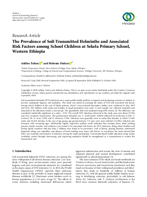 (PDF) The Prevalence of Soil-Transmitted Helminths and Associated Risk Factors among School ...