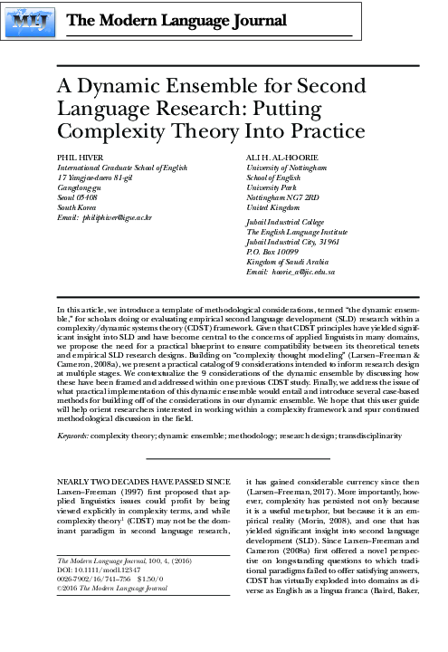 (PDF) A Dynamic Ensemble for Second Language Research: Putting Complexity Theory Into Practice