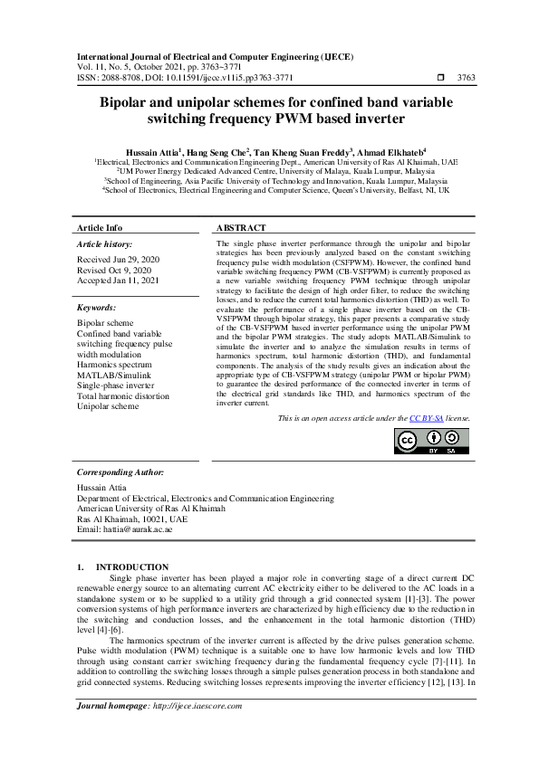 (PDF) Bipolar and unipolar schemes for confined band variable switching frequency PWM based inverter