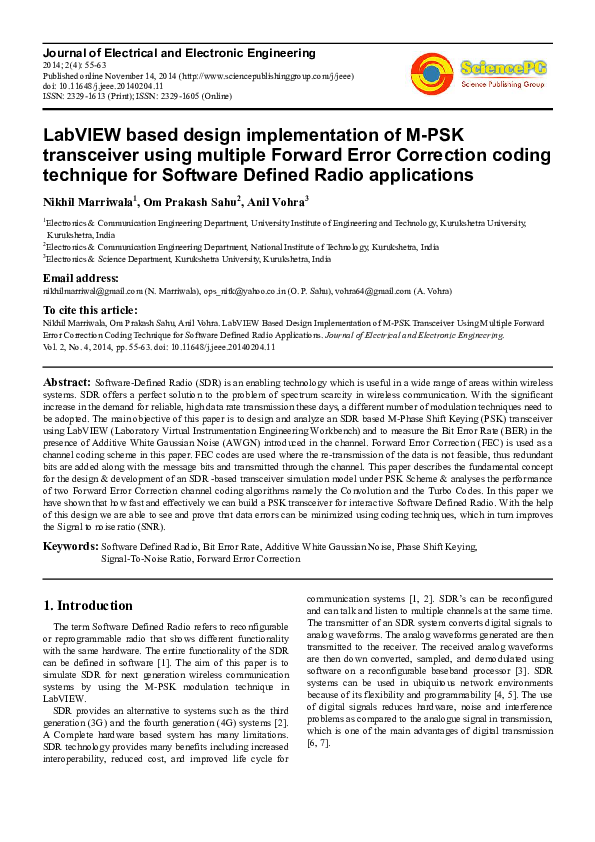 (PDF) LabVIEW Based Design Implementation of M-PSK Transceiver Using Multiple Forward Error ...