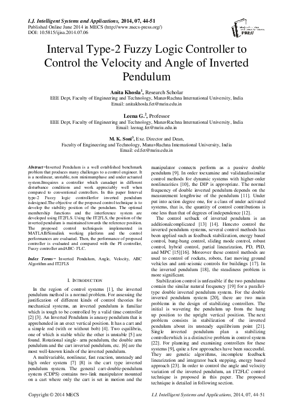 Pdf Interval Type 2 Fuzzy Logic Controller To Control The Velocity And Angle Of Inverted Pendulum