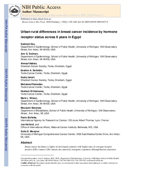 (PDF) Urban rural differences in breast cancer incidence by hormone ...