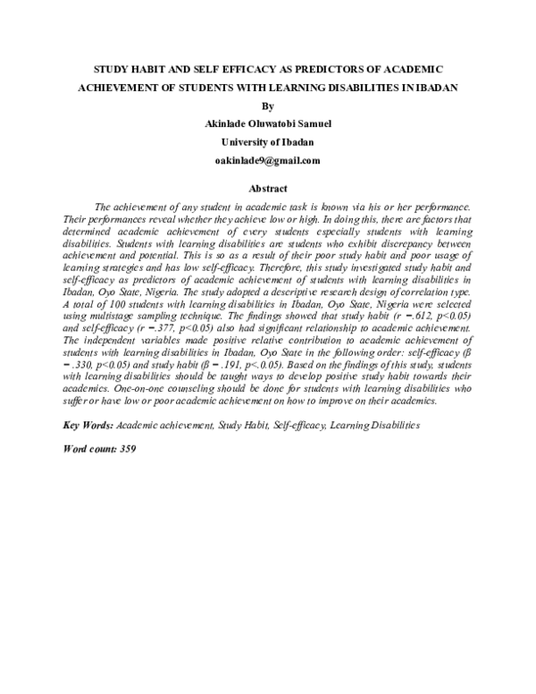 (DOC) STUDY HABIT AND SELF EFFICACY AS PREDICTORS OF ACADEMIC ...