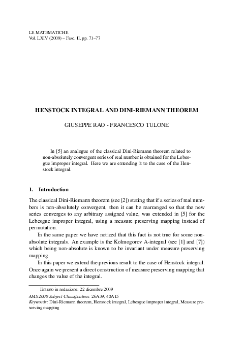 (PDF) Henstock integral and Dini-Riemann theorem