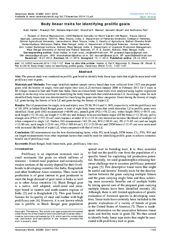 (PDF) Body linear traits for identifying prolific goats