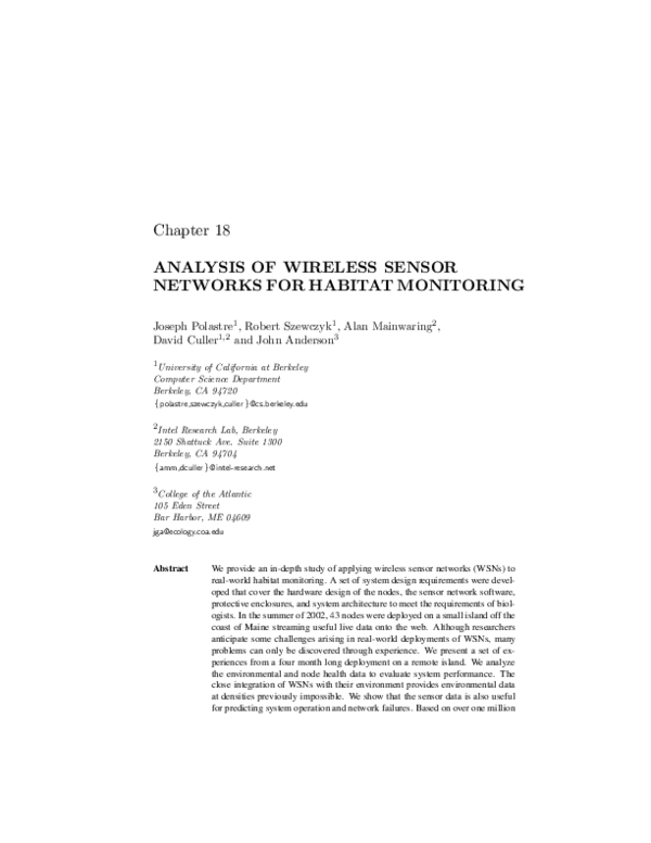 (PDF) Wireless sensor networks for habitat monitoring