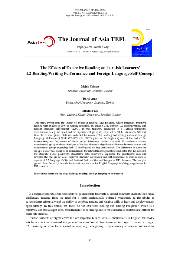 (PDF) The Effects of Extensive Reading on Turkish Learners’ L2 Reading/Writing Performance and ...