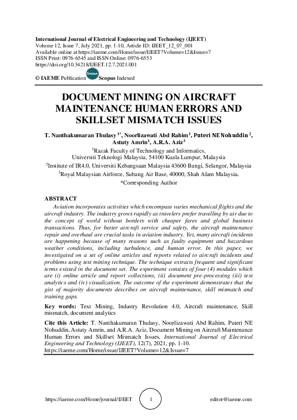 (PDF) DOCUMENT MINING ON AIRCRAFT MAINTENANCE HUMAN ERRORS AND SKILLSET ...