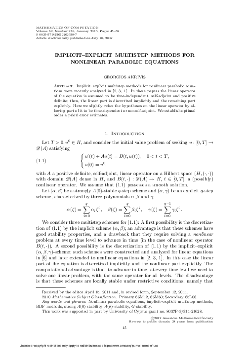 Pdf Implicitexplicit Multistep Methods For Nonlinear Parabolic Equations
