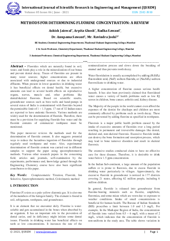 (PDF) METHODS FOR DETERMINING FLUORINE CONCENTRATION: A REVIEW