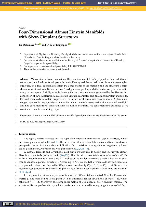 (PDF) Four-Dimensional Almost Einstein Manifolds with Skew-Circulant ...