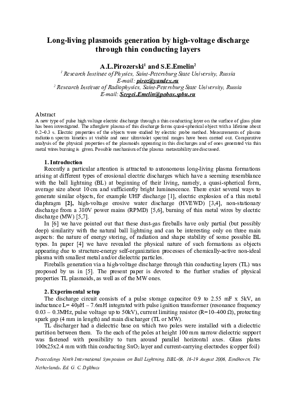 (PDF) Long-living plasmoids generation by high-voltage discharge ...