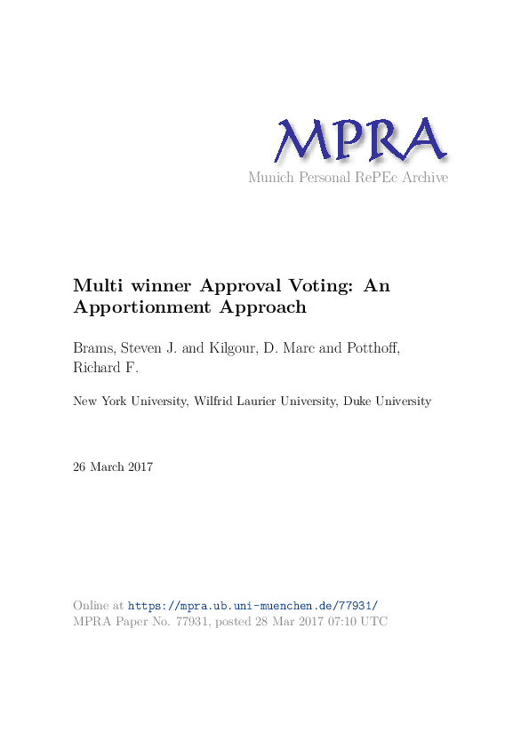 (PDF) Multiwinner Approval Voting: An Apportionment Approach