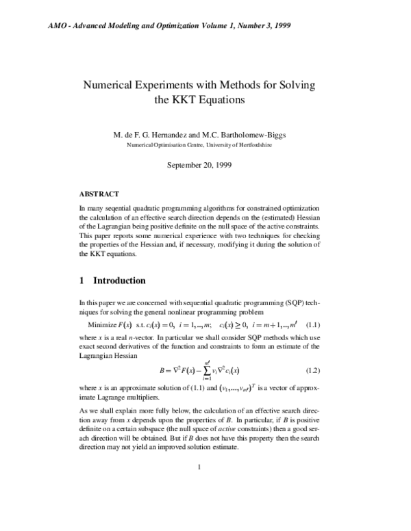 (PDF) Numerical Experiments with Methods for Solving the KKT Equations