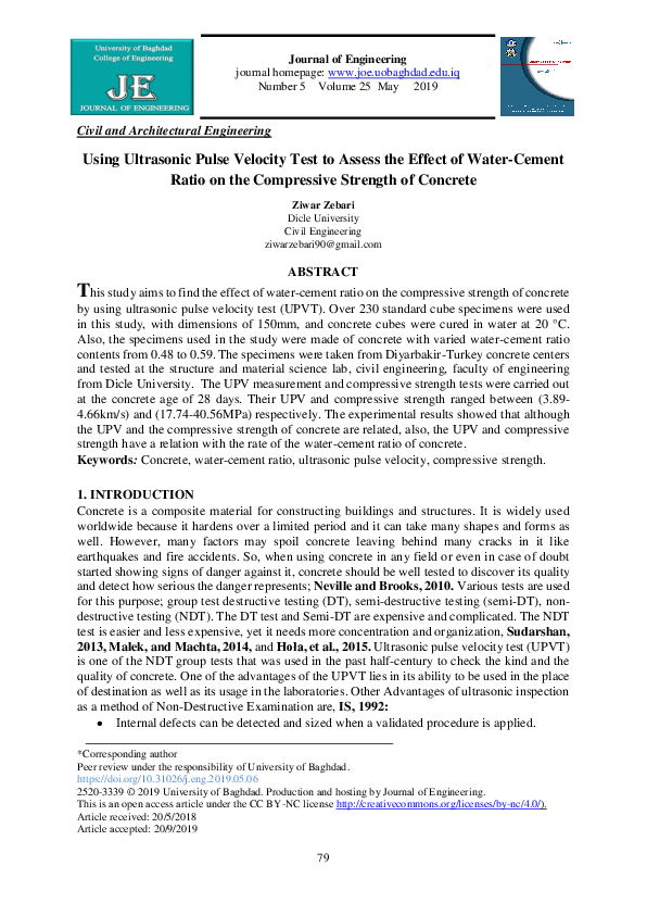 Pdf Using Ultrasonic Pulse Velocity Test To Assess The Effect Of Water Cement Ratio On The