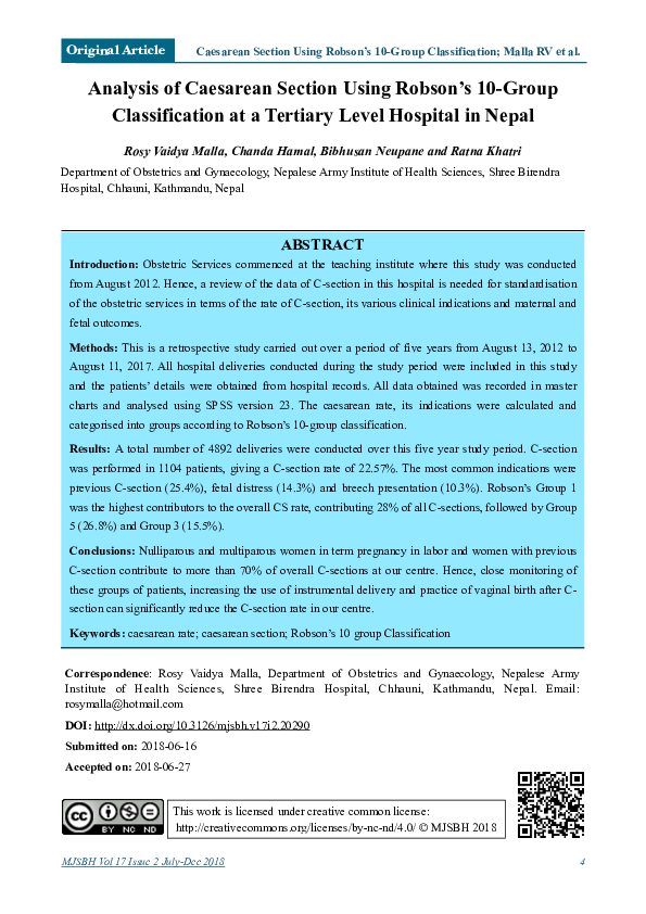 (PDF) Analysis of Cesarean Section Using Robson’s 10-Group ...