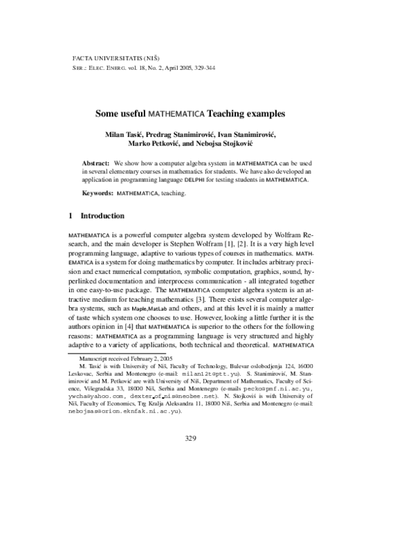 (PDF) Some useful MATHEMATICA teaching examples | Predrag Stanimirovic ...