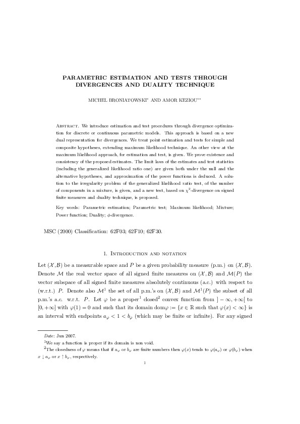 (PDF) Parametric estimation and tests through divergences and the ...